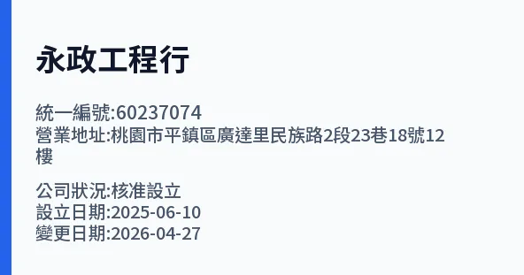 永政工程行的照片-統編 60237074(桃園市) 公司登記資料與營業項目詳細圖表