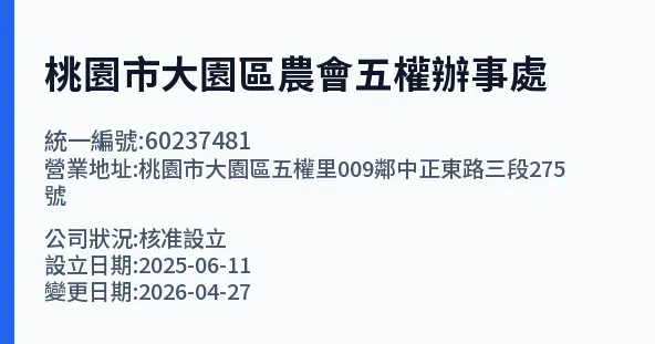 桃園市大園區農會五權辦事處的照片-統編 60237481(桃園市) 公司登記資料與營業項目詳細圖表