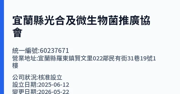 宜蘭縣光合及微生物菌推廣協會的照片-統編 60237671(宜蘭縣) 公司登記資料與營業項目詳細圖表