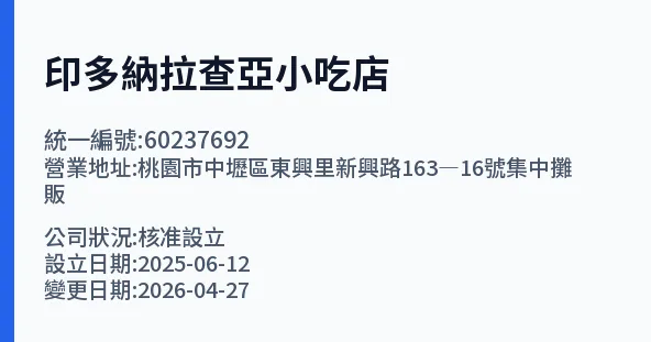 印多納拉查亞小吃店的照片-統編 60237692(桃園市) 公司登記資料與營業項目詳細圖表