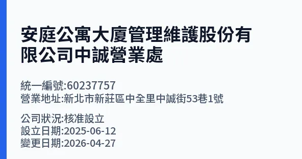 安庭公寓大廈管理維護股份有限公司中誠營業處的照片-統編 60237757(新北市) 公司登記資料與營業項目詳細圖表