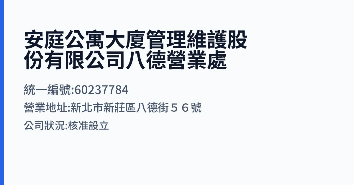 安庭公寓大廈管理維護股份有限公司八德營業處 - 統編 60237784(新北市) 公司登記資料與營業項目詳細圖表