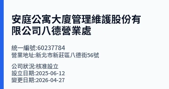 安庭公寓大廈管理維護股份有限公司八德營業處的照片-統編 60237784(新北市) 公司登記資料與營業項目詳細圖表