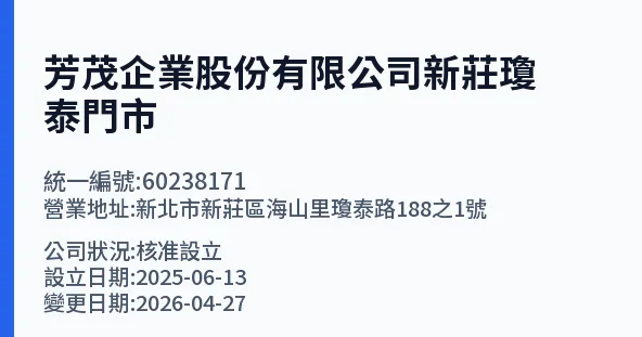 芳茂企業股份有限公司新莊瓊泰門市的照片-統編 60238171(新北市) 公司登記資料與營業項目詳細圖表