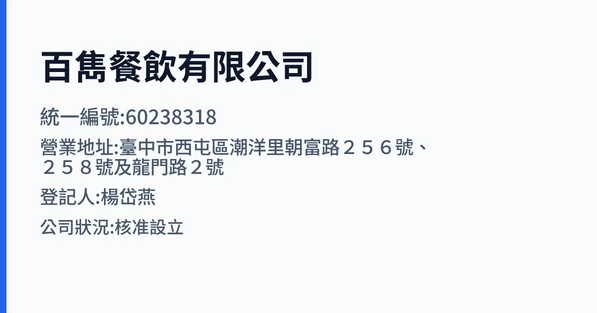 百雋餐飲有限公司 - 統編 60238318（臺中市） 公司登記資料與營業項目詳細圖表