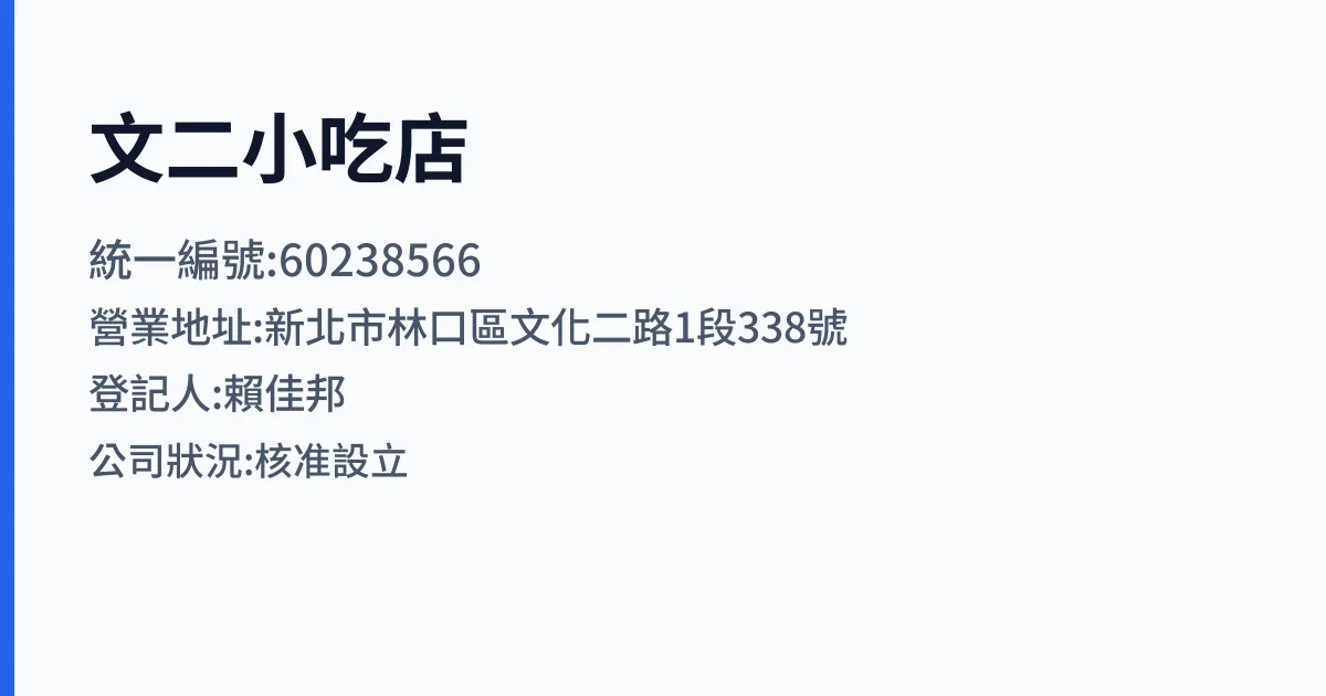 文二小吃店 - 統編 60238566(新北市) 公司登記資料與營業項目詳細圖表