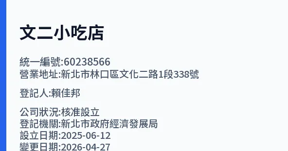 文二小吃店的照片-統編 60238566(新北市) 公司登記資料與營業項目詳細圖表