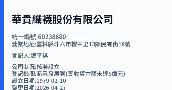 華貴織襪股份有限公司的照片-統編 60238680(雲林縣) 公司登記資料與營業項目詳細圖表