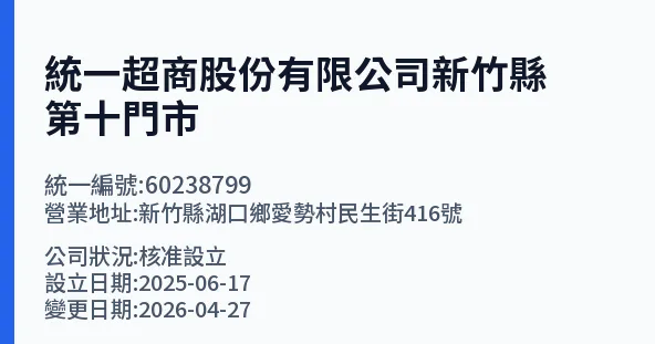 統一超商股份有限公司新竹縣第十門市的照片-統編 60238799(新竹縣) 公司登記資料與營業項目詳細圖表