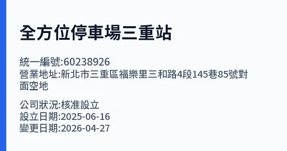 全方位停車場三重站的照片-統編 60238926(新北市) 公司登記資料與營業項目詳細圖表