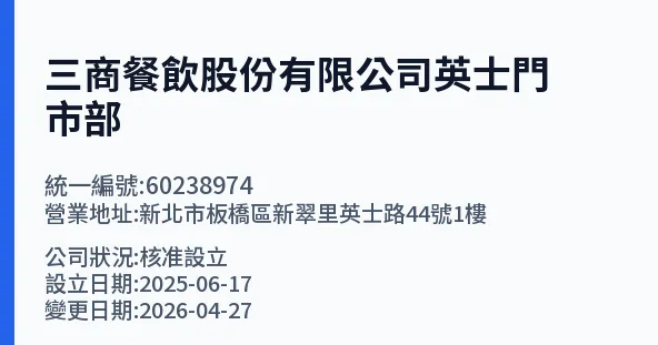 三商餐飲股份有限公司英士門市部的照片-統編 60238974(新北市) 公司登記資料與營業項目詳細圖表