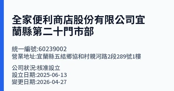 全家便利商店股份有限公司宜蘭縣第二十門市部的照片-統編 60239002(宜蘭縣) 公司登記資料與營業項目詳細圖表