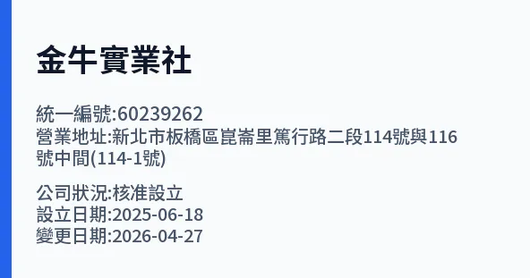 金牛實業社的照片-統編 60239262(新北市) 公司登記資料與營業項目詳細圖表