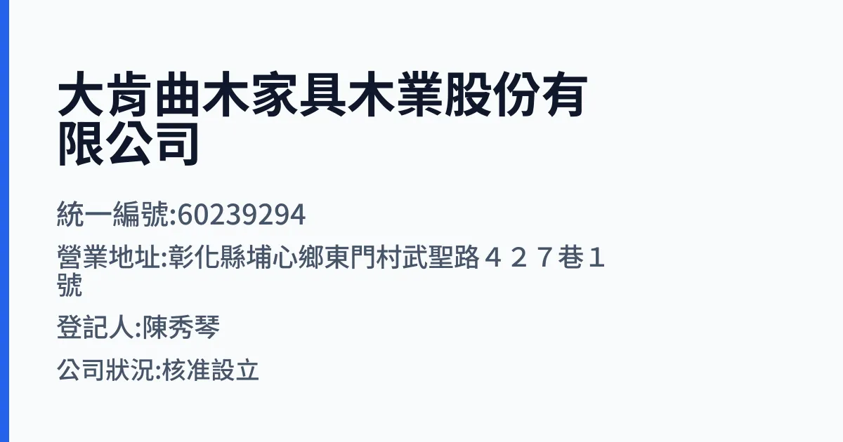 大肯曲木家具木業股份有限公司 - 統編 60239294(彰化縣) 公司登記資料與營業項目詳細圖表