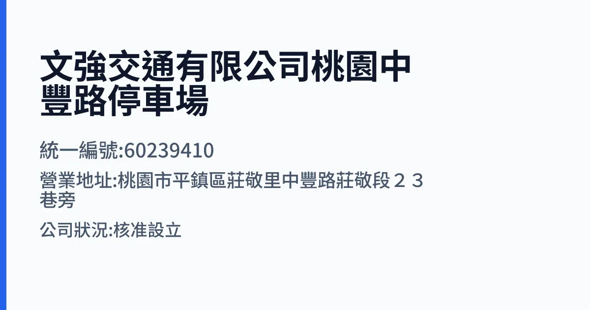 文強交通有限公司桃園中豐路停車場 - 統編 60239410(桃園市) 公司登記資料與營業項目詳細圖表