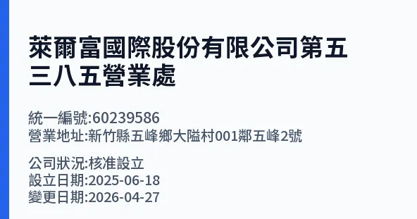萊爾富國際股份有限公司第五三八五營業處的照片-統編 60239586(新竹縣) 公司登記資料與營業項目詳細圖表