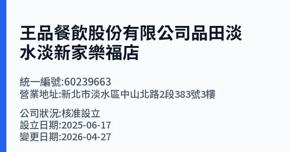 王品餐飲股份有限公司品田淡水淡新家樂福店的照片-統編 60239663(新北市) 公司登記資料與營業項目詳細圖表
