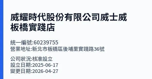 威耀時代股份有限公司威士威板橋實踐店的照片-統編 60239755(新北市) 公司登記資料與營業項目詳細圖表