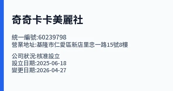 奇奇卡卡美麗社的照片-統編 60239798(基隆市) 公司登記資料與營業項目詳細圖表