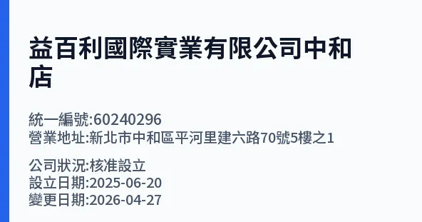 益百利國際實業有限公司中和店的照片-統編 60240296(新北市) 公司登記資料與營業項目詳細圖表
