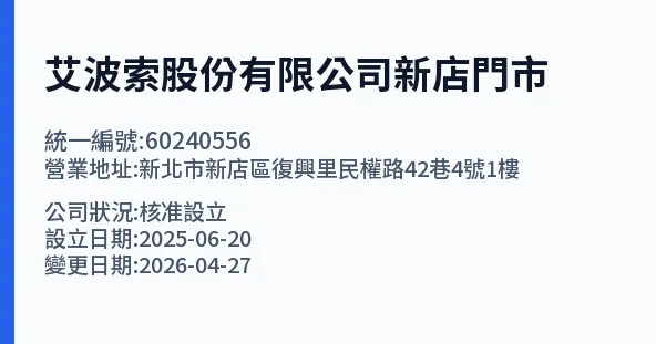 艾波索股份有限公司新店門市的照片-統編 60240556(新北市) 公司登記資料與營業項目詳細圖表