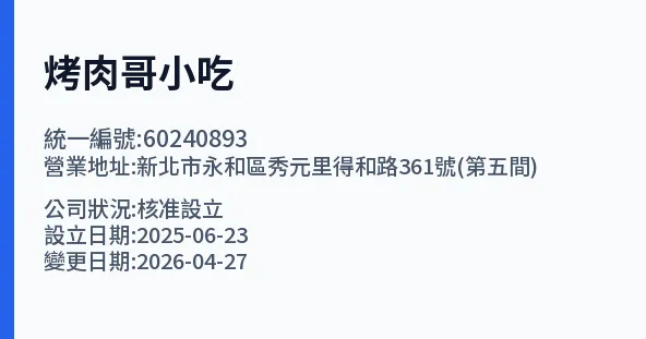 烤肉哥小吃的照片-統編 60240893(新北市) 公司登記資料與營業項目詳細圖表