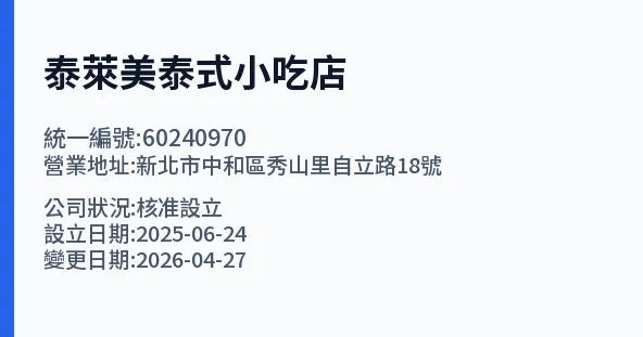 泰萊美泰式小吃店的照片-統編 60240970(新北市) 公司登記資料與營業項目詳細圖表