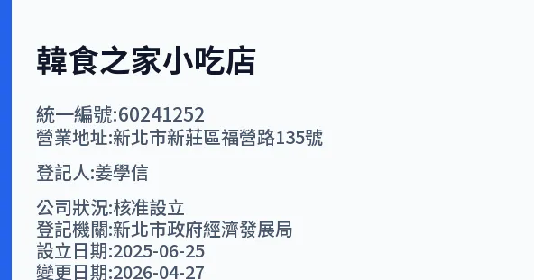 韓食之家小吃店的照片-統編 60241252(新北市) 公司登記資料與營業項目詳細圖表
