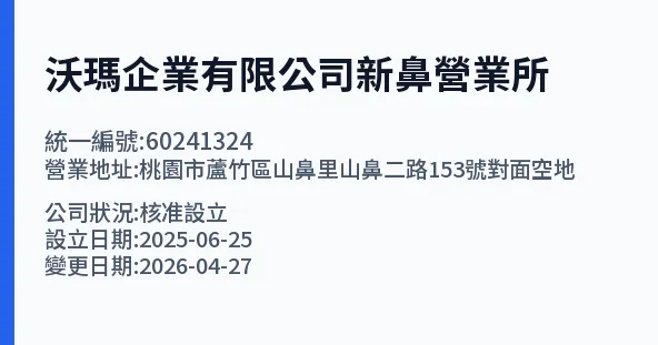 沃瑪企業有限公司新鼻營業所的照片-統編 60241324(桃園市) 公司登記資料與營業項目詳細圖表