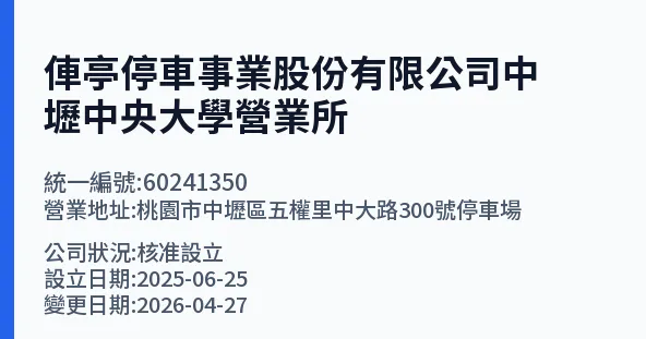 俥亭停車事業股份有限公司中壢中央大學營業所的照片-統編 60241350(桃園市) 公司登記資料與營業項目詳細圖表
