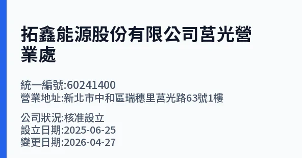 拓鑫能源股份有限公司莒光營業處的照片-統編 60241400(新北市) 公司登記資料與營業項目詳細圖表