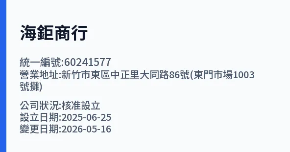 海鉅商行的照片-統編 60241577(新竹市) 公司登記資料與營業項目詳細圖表