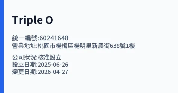 Triple O的照片-統編 60241648(桃園市) 公司登記資料與營業項目詳細圖表