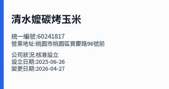 清水嬤碳烤玉米的照片-統編 60241817(桃園市) 公司登記資料與營業項目詳細圖表