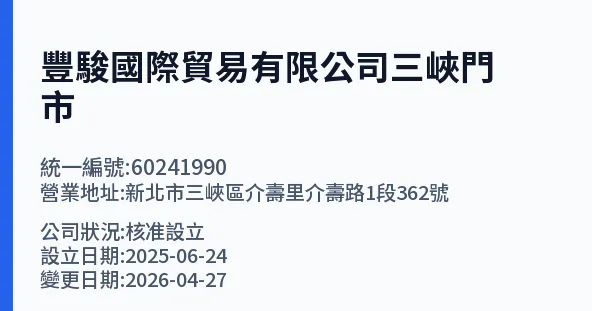 豐駿國際貿易有限公司三峽門市的照片-統編 60241990(新北市) 公司登記資料與營業項目詳細圖表