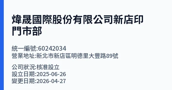 煒晟國際股份有限公司新店印門市部的照片-統編 60242034(新北市) 公司登記資料與營業項目詳細圖表