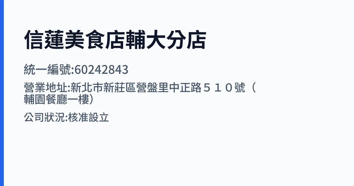 信蓮美食店輔大分店 - 統編 60242843(新北市) 公司登記資料與營業項目詳細圖表