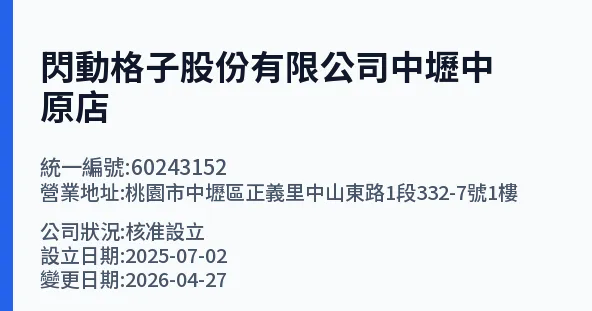 閃動格子股份有限公司中壢中原店的照片-統編 60243152(桃園市) 公司登記資料與營業項目詳細圖表