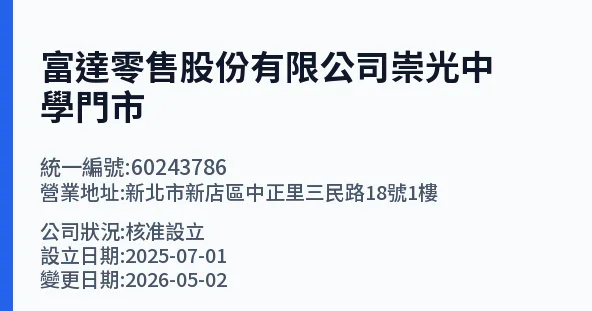 富達零售股份有限公司崇光中學門市的照片-統編 60243786(新北市) 公司登記資料與營業項目詳細圖表