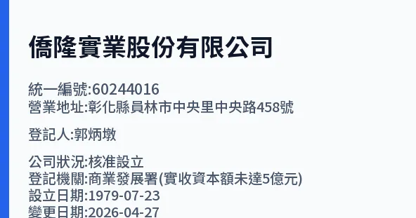 僑隆實業股份有限公司的照片-統編 60244016(彰化縣) 公司登記資料與營業項目詳細圖表