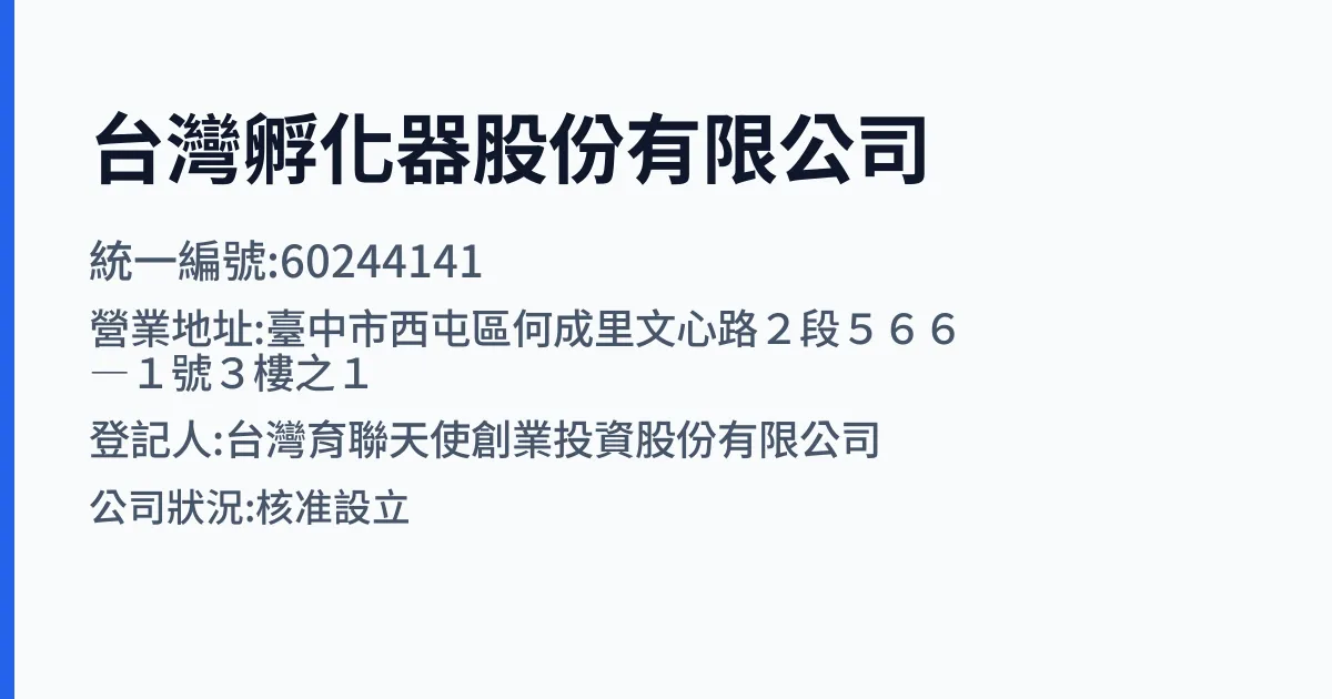 台灣孵化器股份有限公司 - 統編 60244141(臺中市) 公司登記資料與營業項目詳細圖表