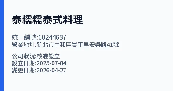 泰糯糯泰式料理的照片-統編 60244687(新北市) 公司登記資料與營業項目詳細圖表