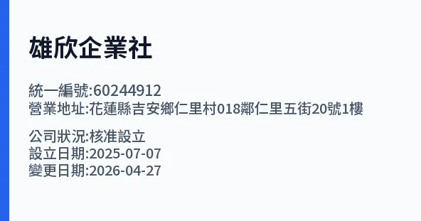 雄欣企業社的照片-統編 60244912(花蓮縣) 公司登記資料與營業項目詳細圖表