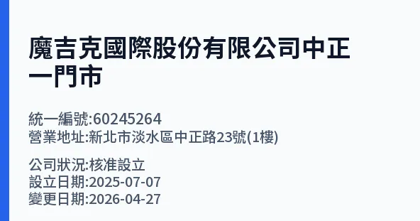 魔吉克國際股份有限公司中正一門市的照片-統編 60245264(新北市) 公司登記資料與營業項目詳細圖表