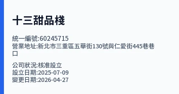 十三甜品棧的照片-統編 60245715(新北市) 公司登記資料與營業項目詳細圖表