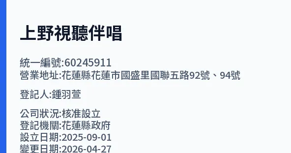 上野視聽伴唱的照片-統編 60245911(花蓮縣) 公司登記資料與營業項目詳細圖表