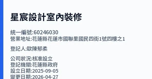 星宸設計室內裝修的照片-統編 60246030(花蓮縣) 公司登記資料與營業項目詳細圖表