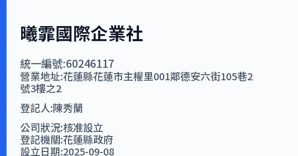 曦霏國際企業社的照片-統編 60246117(花蓮縣) 公司登記資料與營業項目詳細圖表