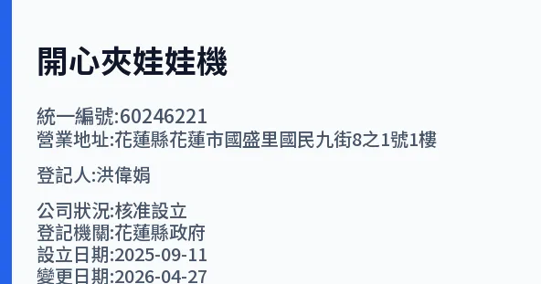 開心夾娃娃機的照片-統編 60246221(花蓮縣) 公司登記資料與營業項目詳細圖表