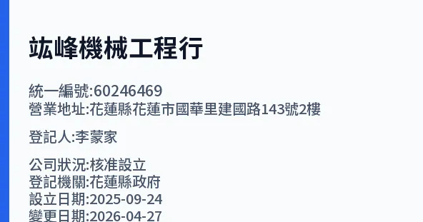 竑峰機械工程行的照片-統編 60246469(花蓮縣) 公司登記資料與營業項目詳細圖表